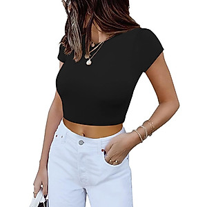 REORIA Women's Summer Cute Short Sleeve High Neck Double Lined Tight Casual Basic T Shirts Yoga Crop Tops Tees Black Medium