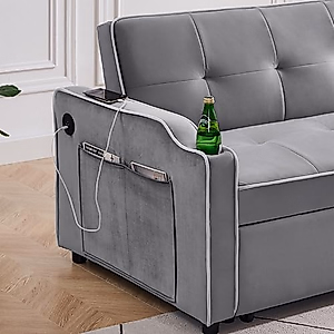 Convertible Futon Couch with USB Ports,Velvet Pull Out Sleeper Sofa Bed with Cup Holders and Pockets,3 in 1 Modern Loveseat with Adjustable Backrest,Small Love Seat for Living Room,Office,Grey