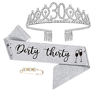 30th Birthday Sash and Tiara for Women, 30 "Dirty Thirty" Birthday Sash and Crown, Happy 30th Birthday Gifts for Women Queen Party Favors Supplies and Decorations, Silver