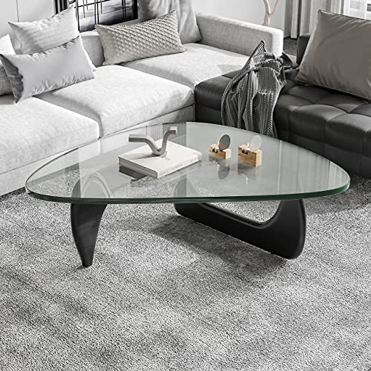 eChamp Noguchi Table Triangle Glass Coffee Table Vintage Glass End Table, Solid Wood Base and Triangle Clear Glass Top Modern End Table for Living Room, Patio, Study (Black)