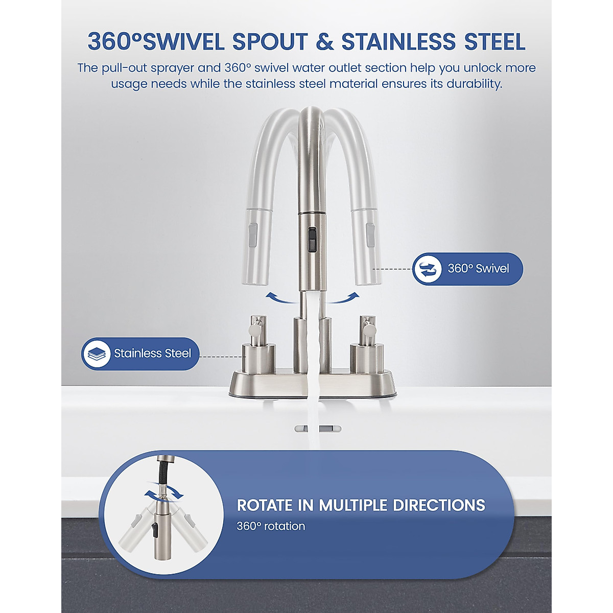 FELIXBATH Bathroom Sink Faucet with Pull Out Sprayer 2 Handles, Brushed Nickel Pull Down Bathroom Faucet 3 Holes, 4 Inch Sink Faucet Bathroom, 360 Degree Swivel Spout, Pop Up Drain Assembly Included