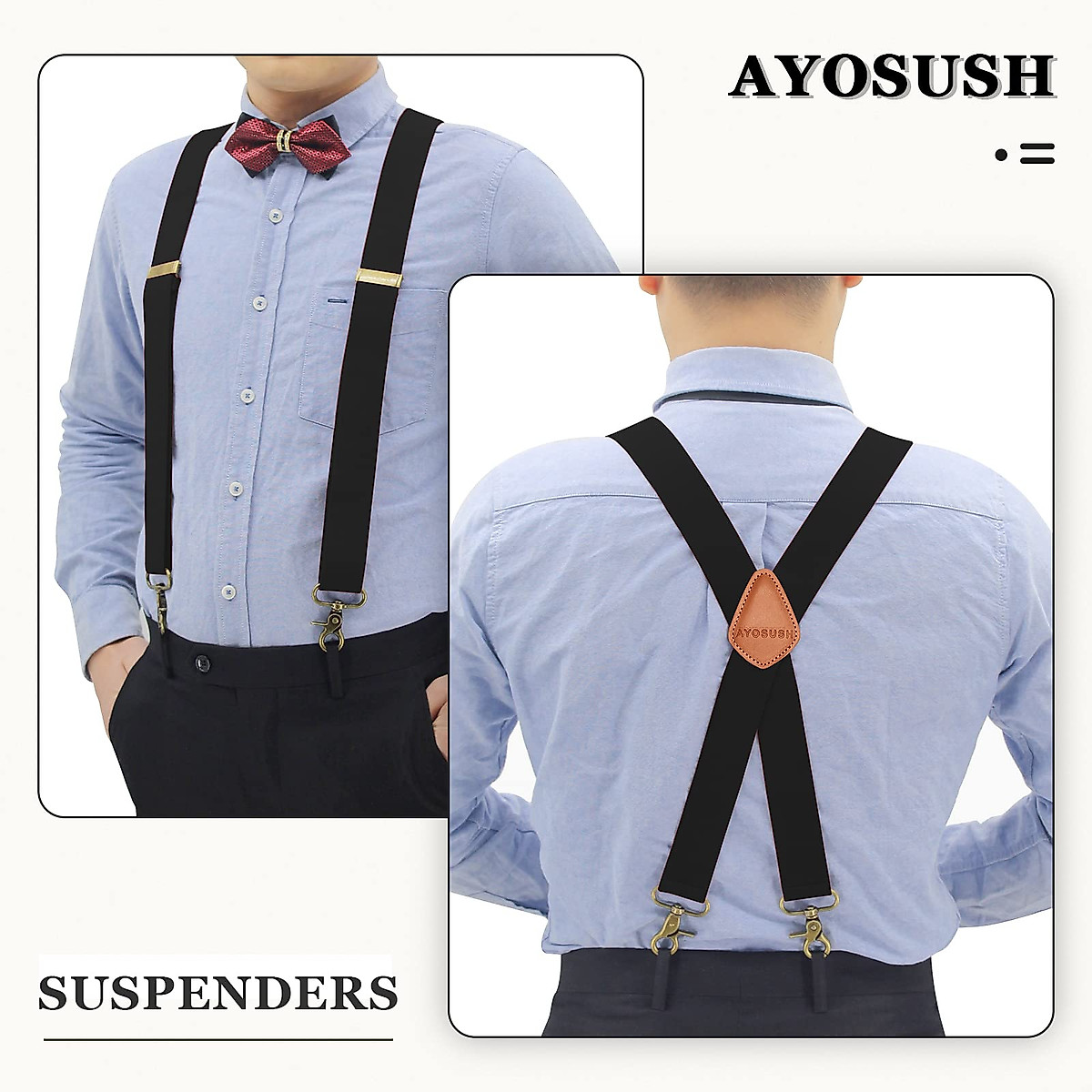 AYOSUSH Suspenders for Men Swivel Snap Hooks Black Elastic Formal Heavy Duty Braces Big And Tall