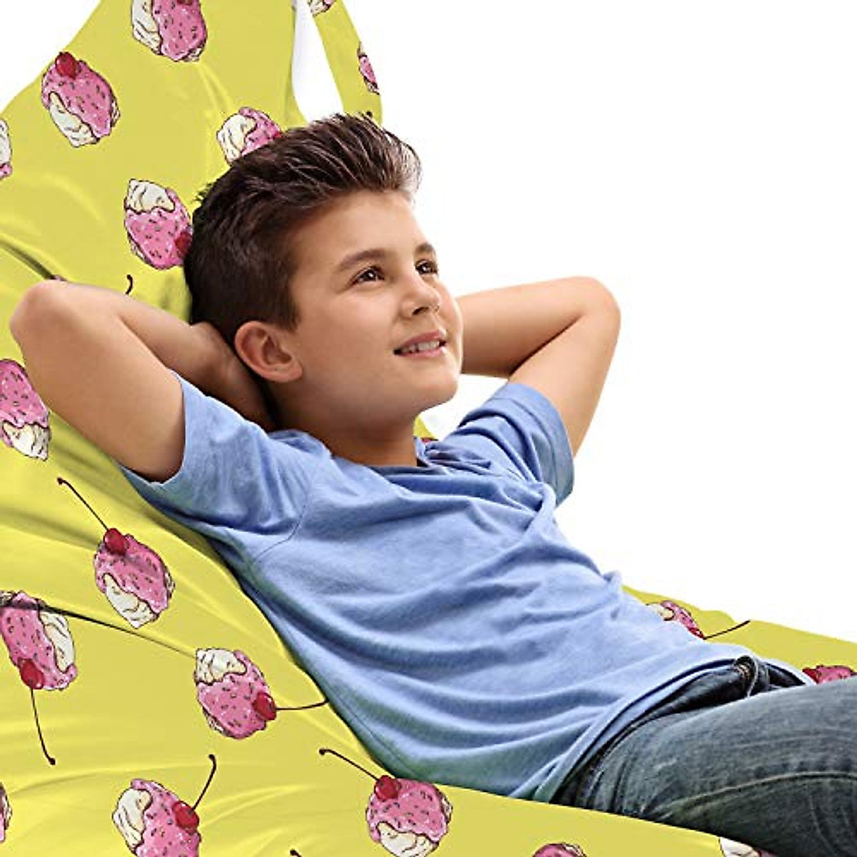 Ambesonne Ice Cream Lounger Chair Bag, Dessert Balls and Strawberry Tops Cherry Fresh Summer Eat Yummy Graphic, High Capacity Storage with Handle Container, Lounger Size, Mustard and Pink