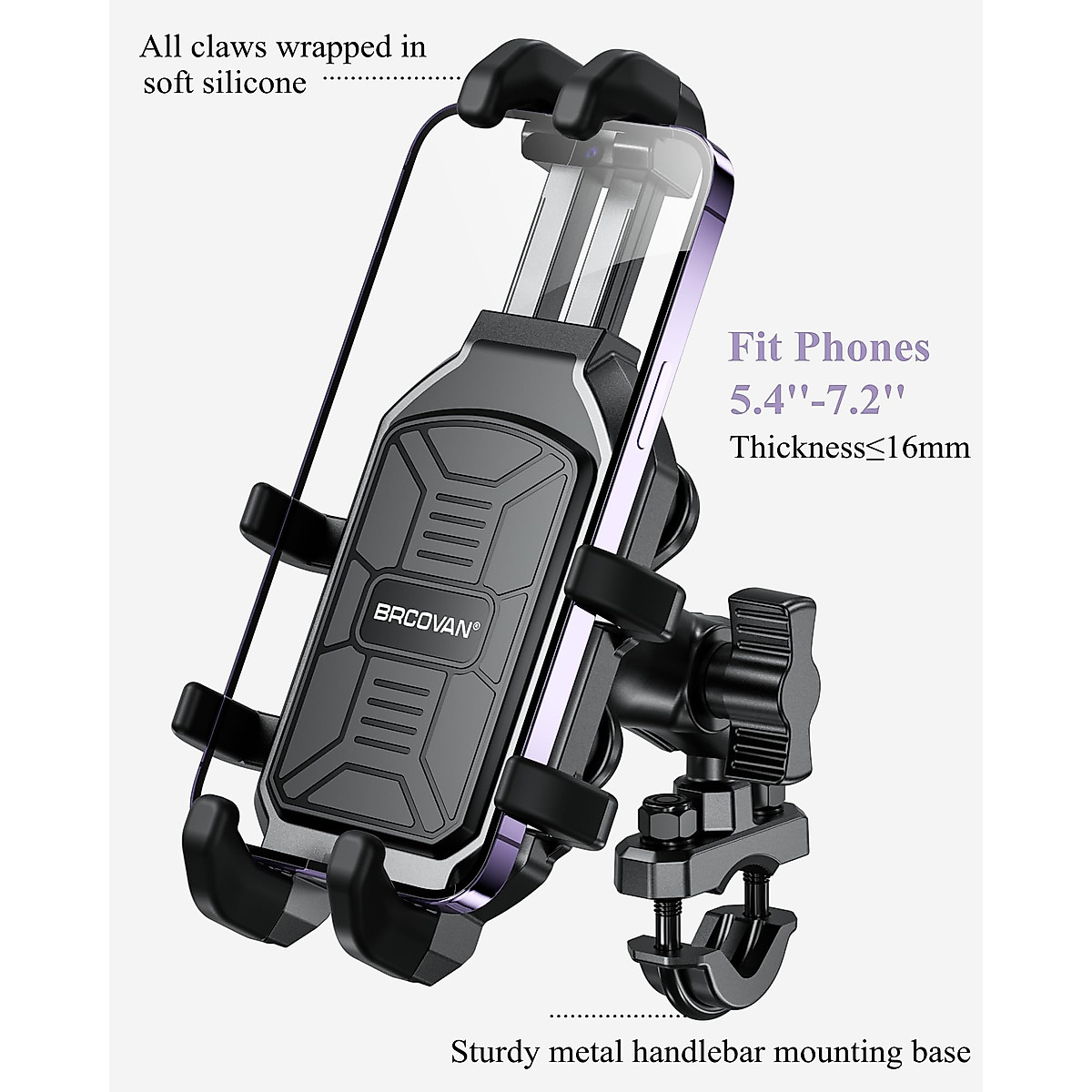 BRCOVAN Motorcycle Phone Holder with Vibration Dampener, Anti-Shake Motorcycle Phone Mount, Adjustable Handlebar CellPhone Holder for Motorcycle Bike Bicycle Scooter ATV Fit 5.4''-7.2'' Smartphone