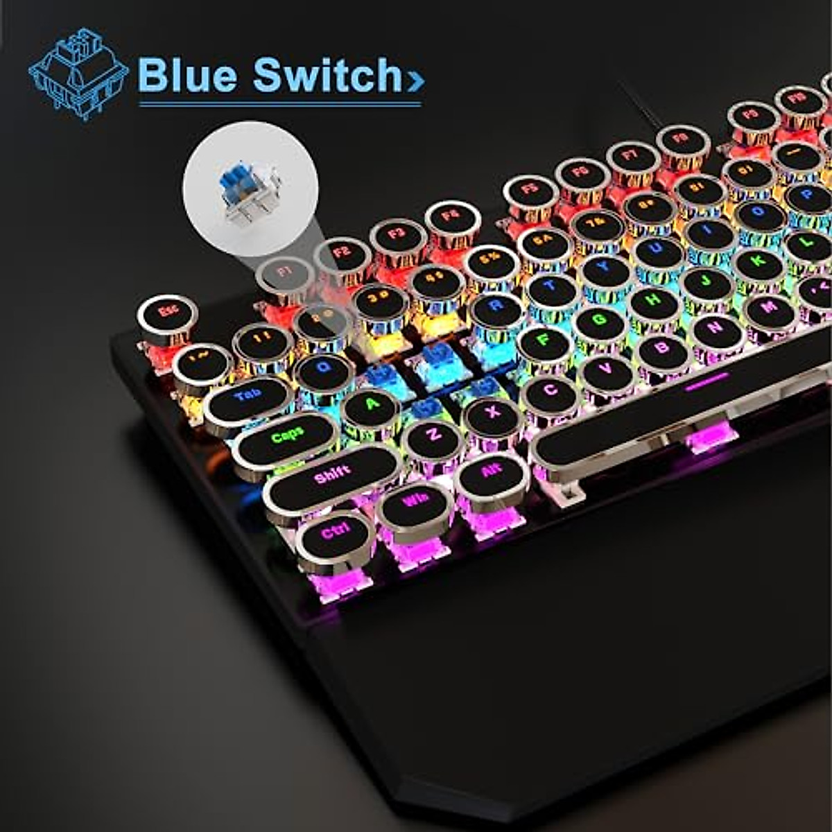 MageGee Typewriter Mechanical Gaming Keyboard, Retro Punk Round Keycaps with RGB Rainbow Backlit USB Wired Keyboards for Game and Office, for Windows Laptop PC Mac - Blue Switches/Black