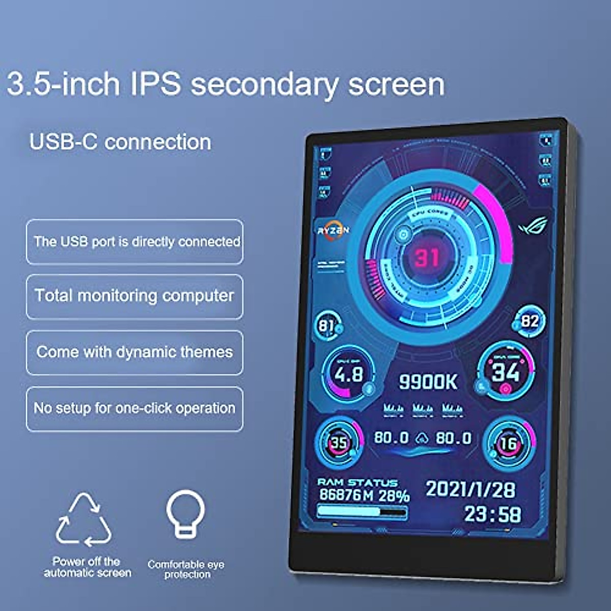 MAKIVI 1 Set 3.5 Inch Computer Small Secondary Screen IPS Full USB-C Chassis Secondary Screen Computer Temperature Monitoring Screen AIDA64
