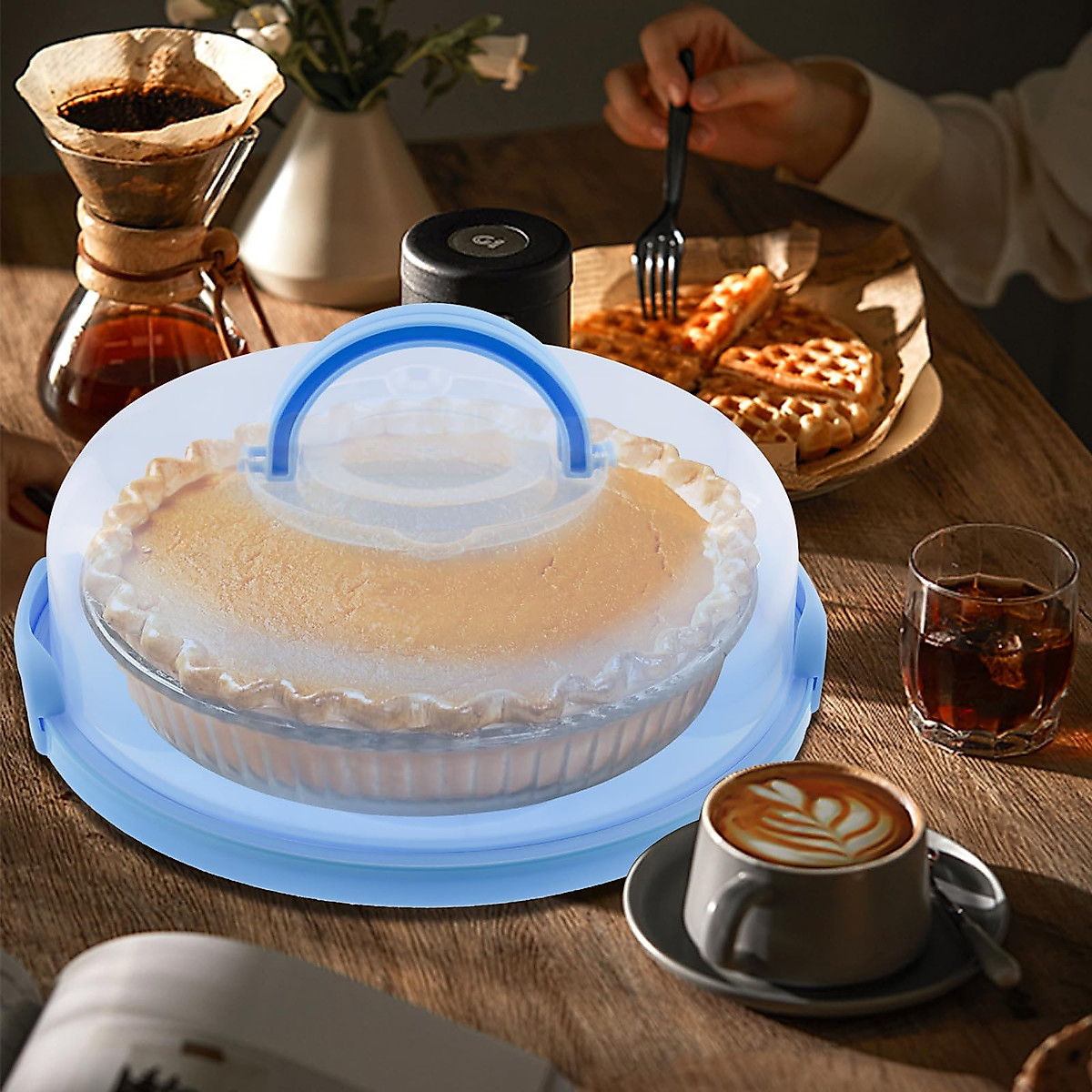 DIIRPPR 12" Portable Pie Carrier with Lid and Cupcake Muffin Tart Cookie Keeper Food, for Wedding Party Baby Shower Party Christmas,Suitable for 10 in x 4 1/2 in cake(Blue)