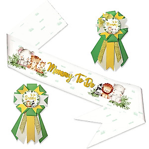Mpanwen Safari Jungle Baby Shower Sash, Mom to Be & Daddy to Be Corsage Jungle Animal Neutral Mom to be Sash Include Gold Glitter Letters Sash for Baby Shower