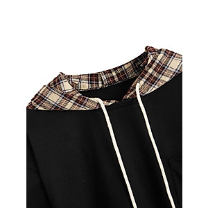 SweatyRocks Women's Casual Plaid Long Sleeve Hooded Sweatshirt Drop Shoulder Drawstring Hoodie with Pocket Stripe Black Medium