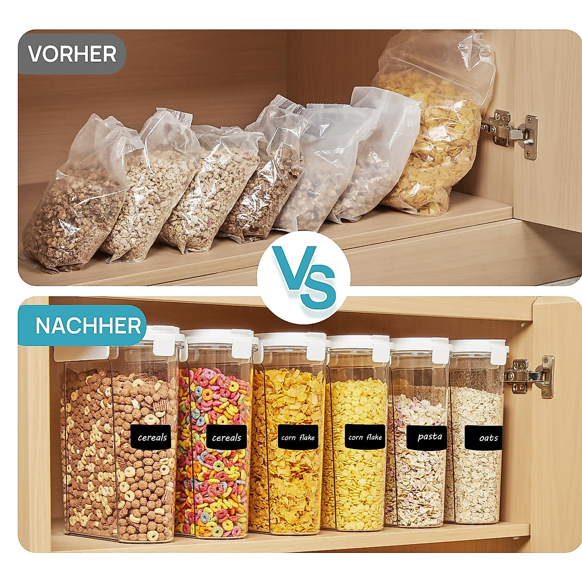 Vtopmart Cereal Containers Storage Set, 3 PCS Airtight Food Storage Containers with Flip-Top Lids, Plastic Cereal Organizer Dispenser for Kitchen, Pantry Organization Storage (135.2oz/4L)