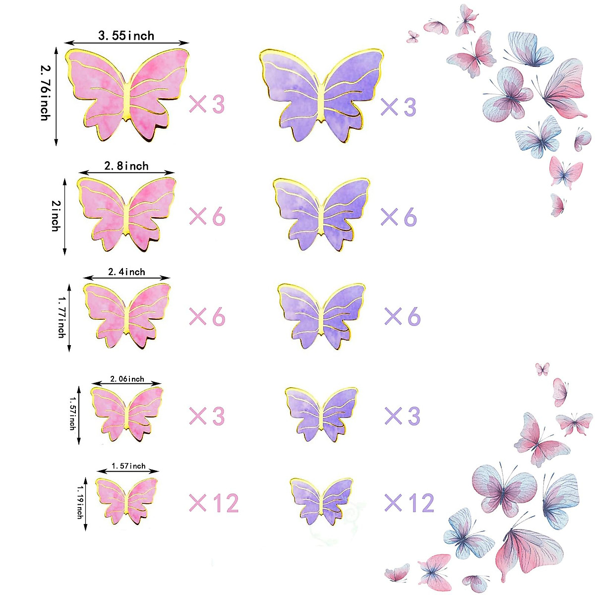 60PCS Pink Purple Gold Butterfly Cake Toppers, 3D Cupcake Toppers Happy Birthday Metal Gold Topper for Girls Women's Party Decorations Women Party Wall Food Decorations,Mixed Size