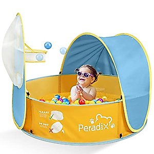 Peradix Paddling Pool for Kids & Pets, Kids Ball Pit Tent 3 in 1, Pop Up Wading Pool Tent with UV Protection Sunshade Canopy Basketball Hoop, Portable Beach Backyard Toys for Indoor Outdoor Activity