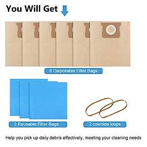 19-3100 Shop Vac Bags Compatible with Stanley 5 to 6 Gallon wet dry vacuum, 6 Pack Disposable Filter Bags and 3 Pack Reusable Filter Bags and 2 Bands