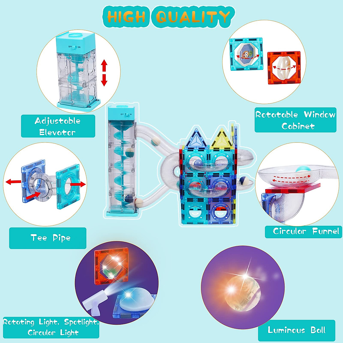 Couomoxa Elevator Magnetic Marble Run Race Track Magnetic Tiles Magnet Building Block Educational Construction Toy Play Set STEM Kit Toys for Kids Ages 3 4 5 6 7 8 10+Year Old Boys Girls Gift