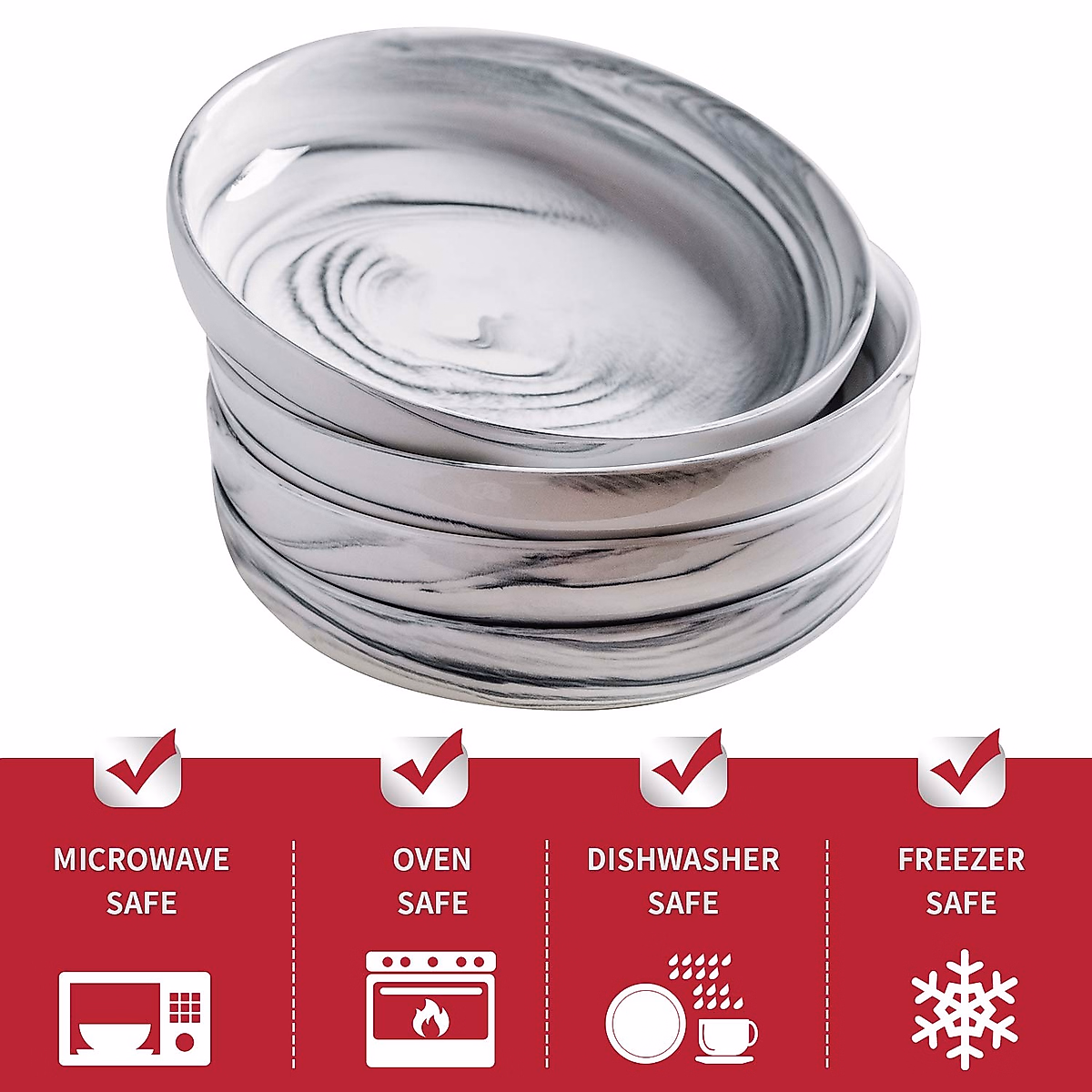 Yundu Porcelain 28 Ounce Pasta bowl Set,Salad bowls,Serving Bowls,Set of 4,Grey Marbled