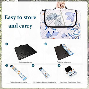 DEWUR Picnic Blankets 79"x79" Extra Large Outdoor Blanket Beach Blanket Waterproof SandProof Picnic Mat Washable Foldable Portable for Grass Lawn Beach Camping (White with Flowers)