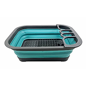 SAMMART 7.3L (1.9 Gallon) Collapsible Dish Drainer with Drainer Board - Foldable Drying Rack Set - Portable Dinnerware Organizer - Space Saving Kitchen Storage Tray (Grey/Crystal Blue)