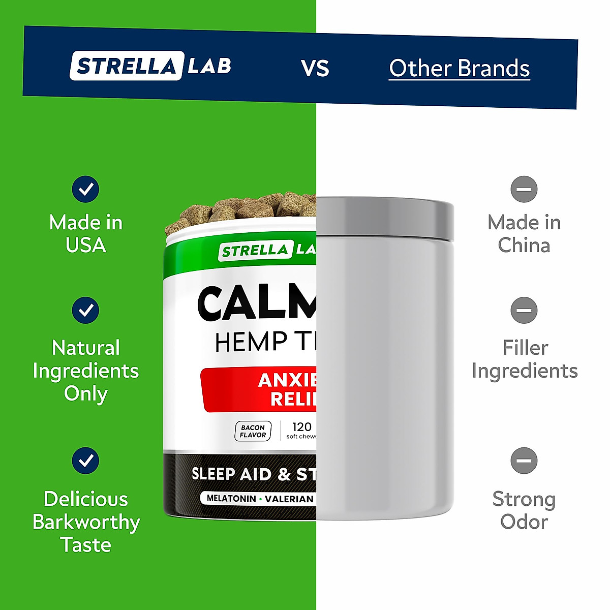 STRELLALAB Vet Formulated Hemp Calming Chews for Dogs - Anxiety Relief Calming Treats - Advanced Melatonin Pet Calm - Natural Sleep Aid & Stress, Separation Anxiety Relief - 120 Treats - Bacon