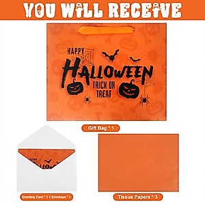 Halloween Trick or Treat Gift Bag with Greeting Card and Tissue Papers, 12.6" Reusable Halloween Paper Bag with Handles for Halloween Party Supplies