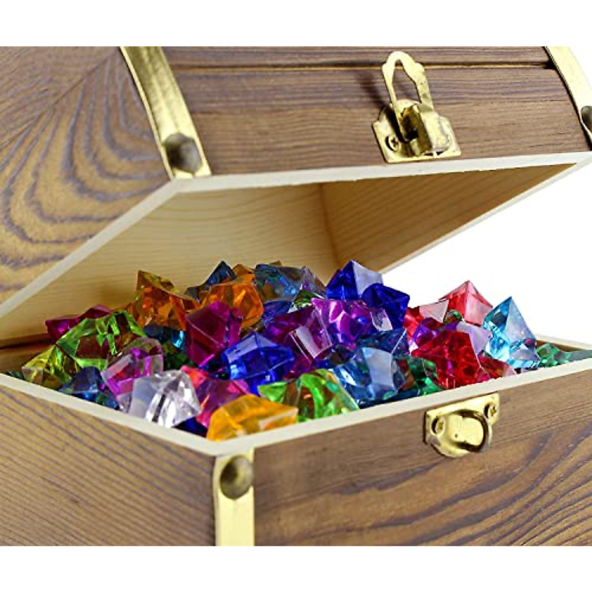 Attatoy Wooden Pirate Treasure Chest with 240 Colored Jewels (Plastic Gems); 6" x 4.5" x 5" Antique Style Wood Box; 1 Lb. Acrylic Gemstones