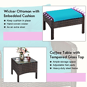 Tangkula Wicker Furniture Set 5 Pieces PE Wicker Rattan Outdoor All Weather Cushioned Sofas and Ottoman Set Lawn Pool Balcony Conversation Set Chat Set (Turquoise)