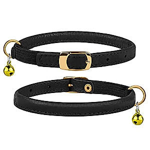Murom Rolled Leather Cat Collar with Elastic Strap Safety Adjustable Pet Collars for Cats Kitten Yellow Red Pink Blue Orange Brown Gray (Black)