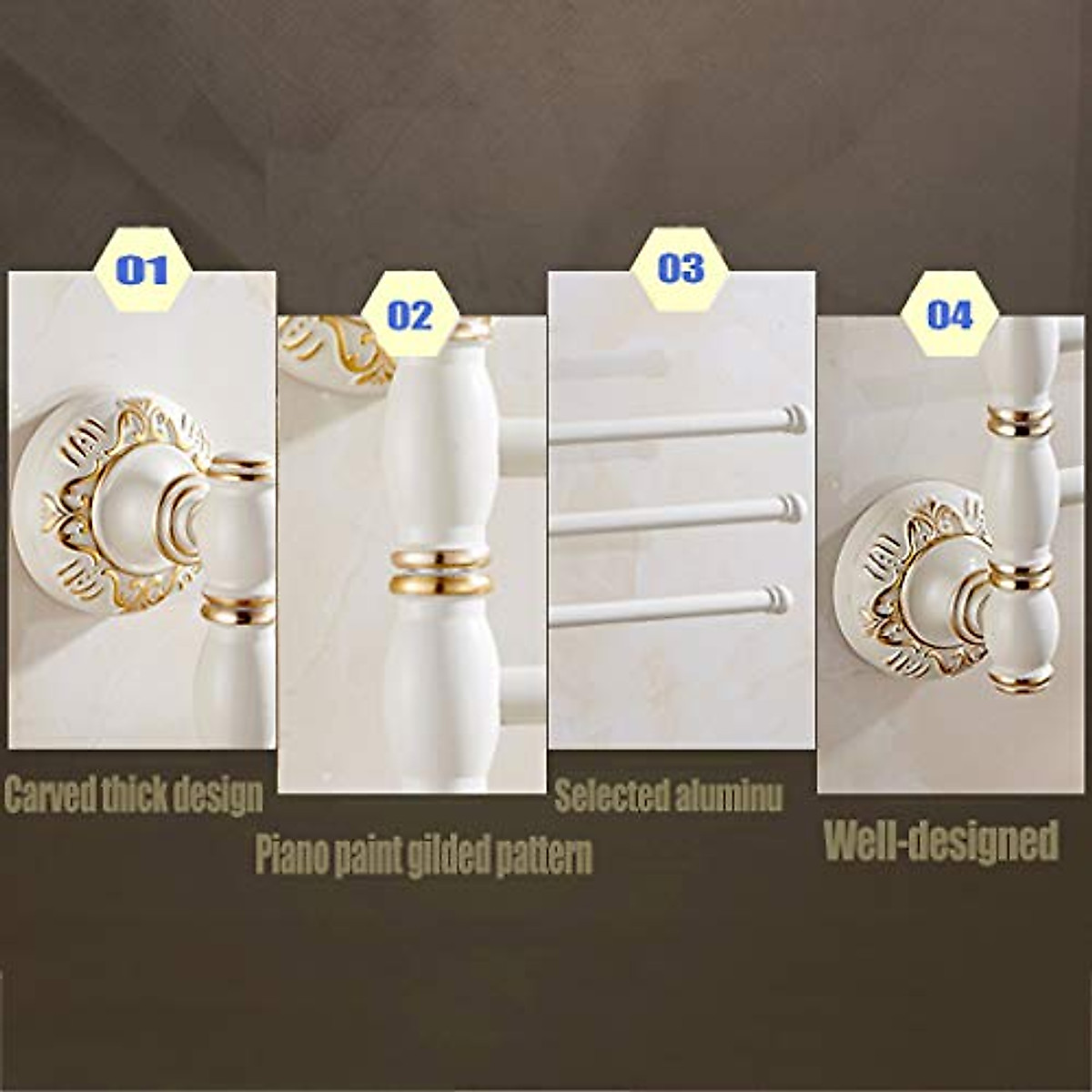 Towel rack European-Style Rotating Multi-Arm Towel Bar, Space Aluminum Multi-Function Bathroom Storage Rod, New Thick Base, Gold Pattern Design.