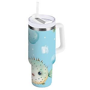 40 oz Cute Pufferfish Insulated Tumbler with Handle, Stainless Steel Vacuum Water Bottles with Lid and Straw for Water, Iced Tea or Coffee