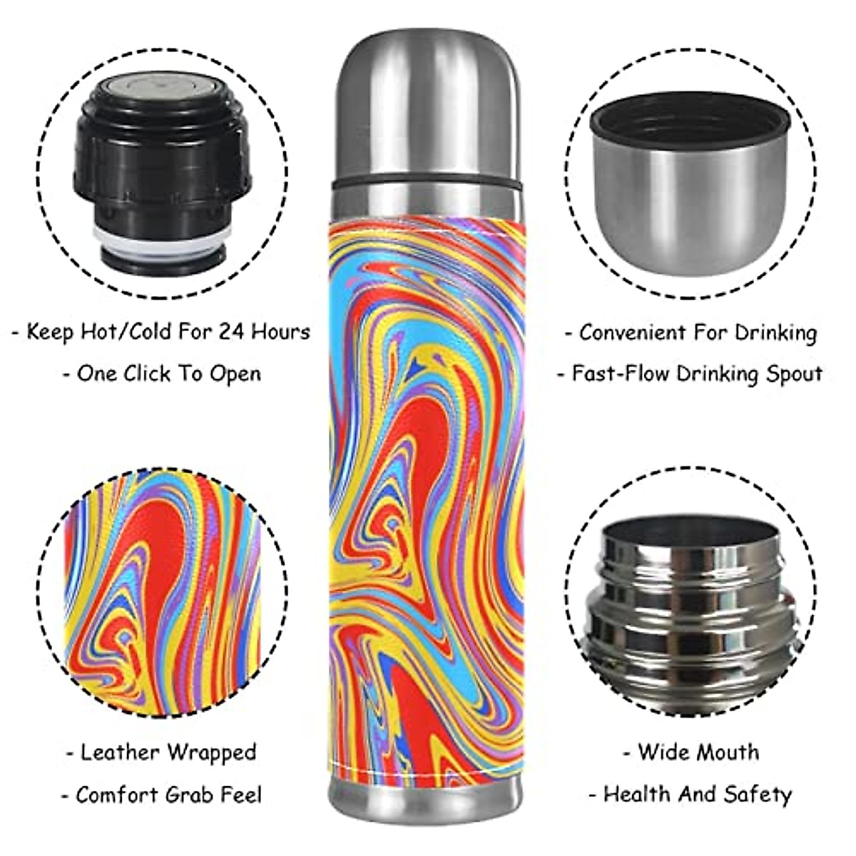 Stainless Steel Leather Vacuum Insulated Mug Marble Texture Thermos Water Bottle for Hot and Cold Drinks Kids Adults 16 Oz