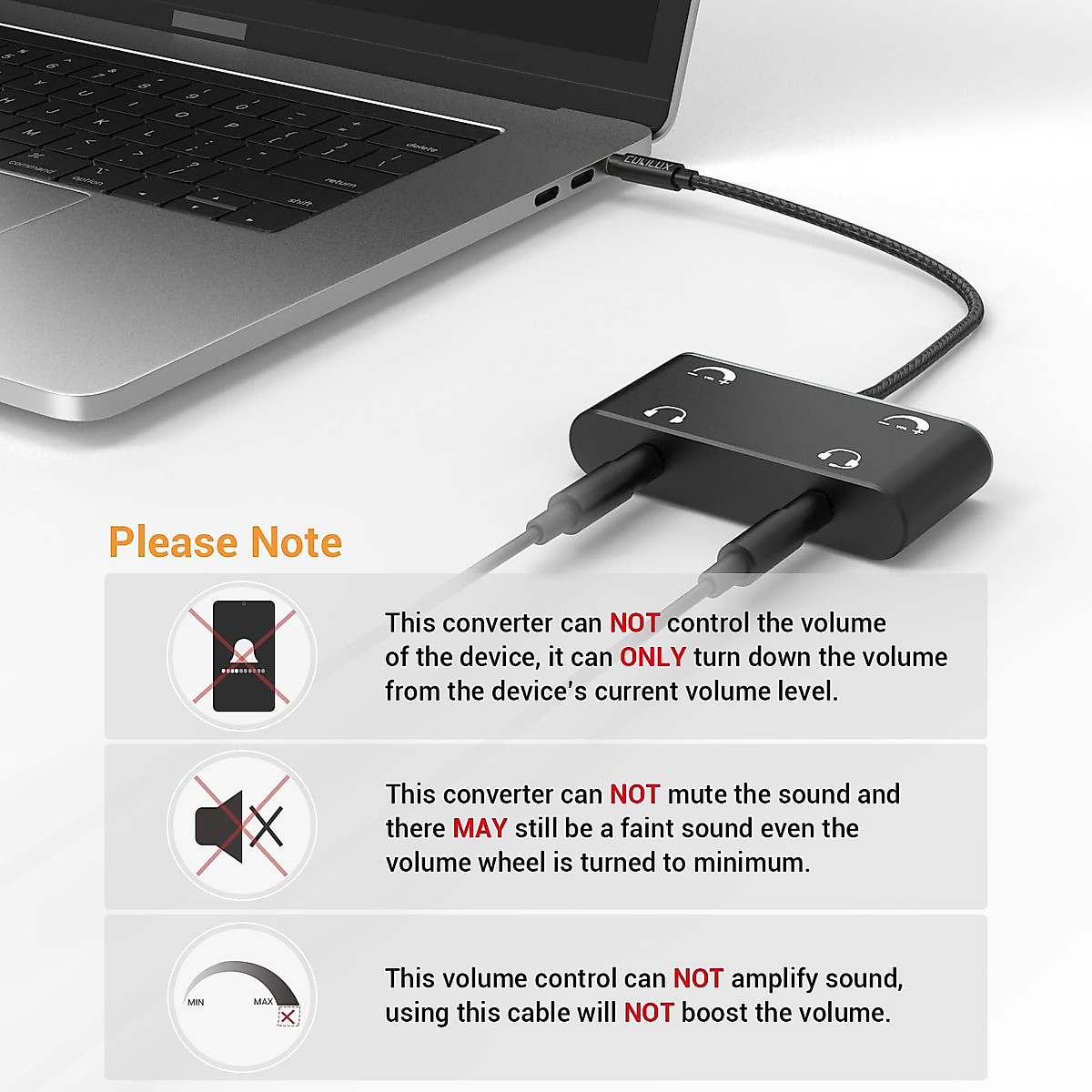 Cubilux 3.5mm Dual Headphone Splitter, Volume Control, Compatible with Laptops, Tablets, Phones