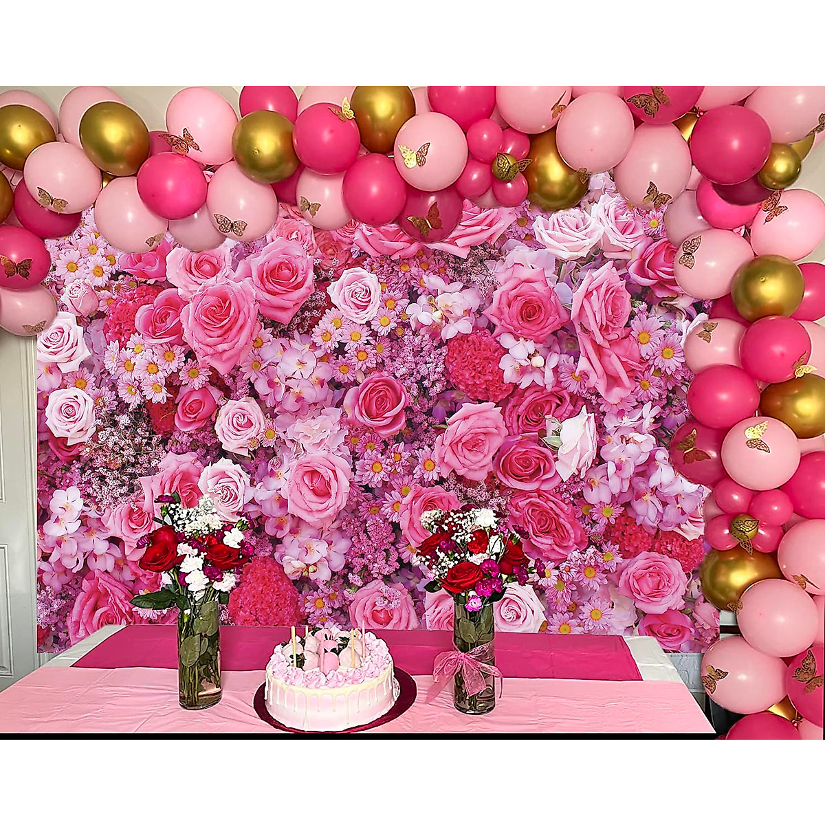 Pink Flower Wall Backdrop Rose Floral Photography Background for Girls Bridal Shower Wedding Party Banner Decorations Women Birthday Party Supplies Photo Props (7x5FT)
