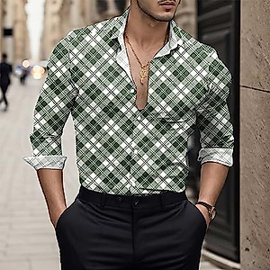 Mens Shirts Short Sleeve Pullover Men Digital 3D Printing Plaid Color Matching Long Shirt Top Blouse Mint Green
