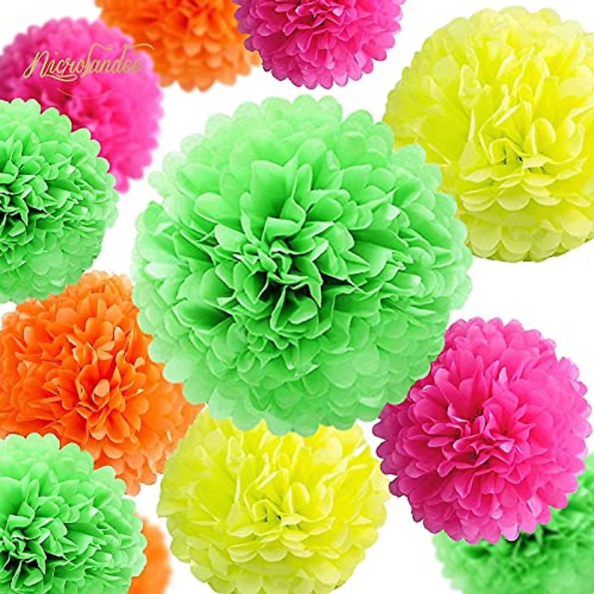 NICROLANDEE Blacklight Party Decorations - 12PCS Fluorescent Neon UV Reactive Glow Tissue Paper Pom Poms & 4Rolls Glow Crepe Paper Streamers for Graduation, Birthday, Fiesta Party, Wedding, Prom Dance