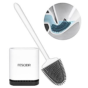FESODR Toilet Brush with Holder (32Pcs Hooks Included), Silicone Brush Head Easily Clean Dead Corners, White