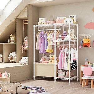 Raybee Small Clothes Rail for Bedroom, Clothes Rack with Storage Basket, Petite Portable Hanging Rails for Clothes with Shelves, 55.1" H * 37.8" W * 13.4" D, White