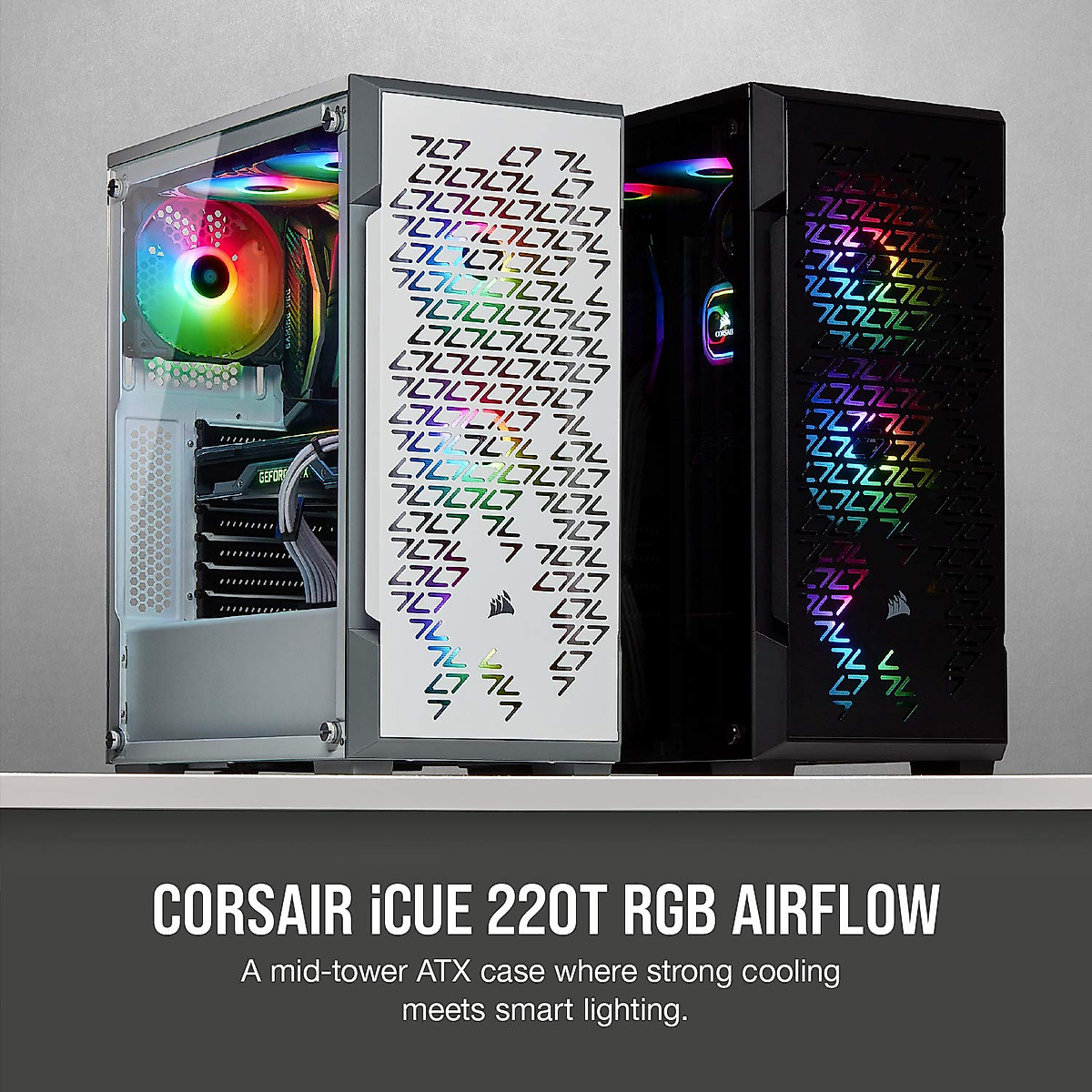 Corsair iCUE 220T RGB AIRFLOW Tempered Glass Mid-Tower Smart ATX Case - High Airflow - Three Included SP120 RGB PRO Fans - Black