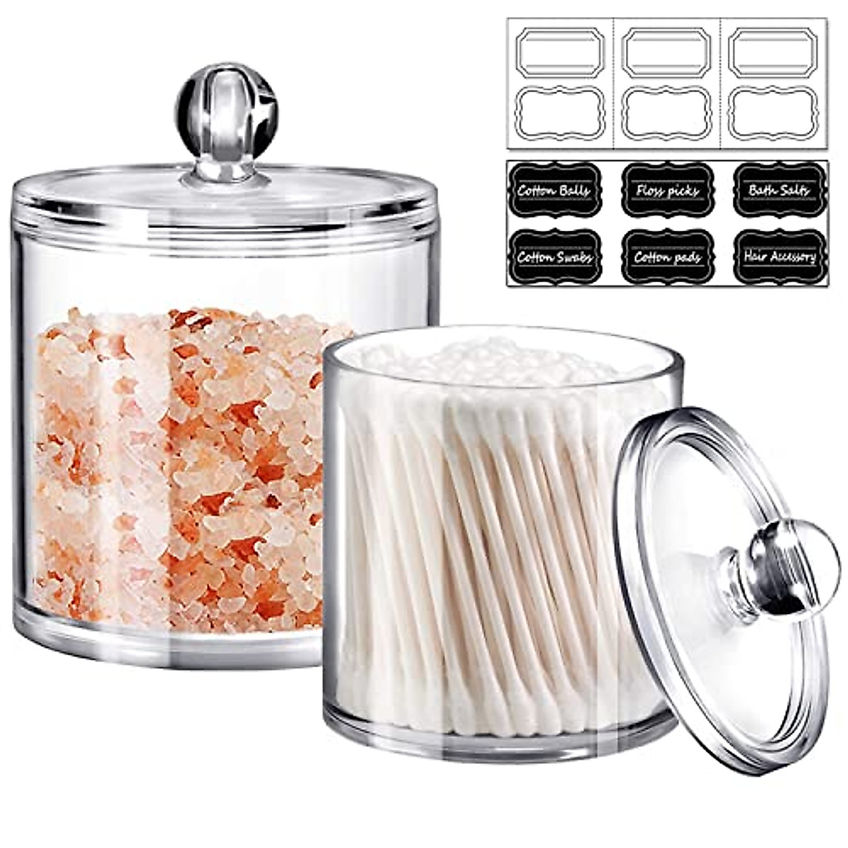 Bathroom Vanity Storage Organizer Canister Holder Apothecary Jars Set for Qtips,Cotton Balls,Swabs,Rounds,Makeup Sponges,Bath Salts,Premium Plastic Acrylic, Clear | 10oz.and 20oz.