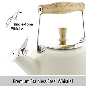 Chantal SVEN Enamel on Steel Whistling Teakettle with Natural Wood handle, 1.4 quarts, Almond