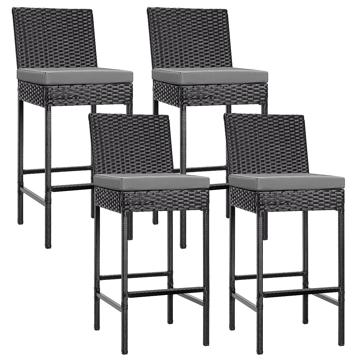 VIVOHOME Outdoor Wicker Barstool 4 Packs, Bar Chairs PE Rattan Materail, Patio Stools with Cushions, Black
