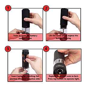 Electric Pepper Grinder and Salt Mill (2 Pack)- Battery Operated One-Handed Spice Dispenser w LED Light & Adjustable Coarseness- Matte Black, Batteries Included