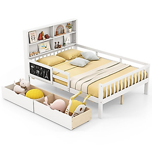 Giantex Full Bed with 2 Storage Drawers, Solid Wood Kids Bed Frame w/Bookcase Headboard & Blackboard, Full-Length Guardrails & Wooden Slats Support, Full Size Bed Frame for Kids Boys Girls, White