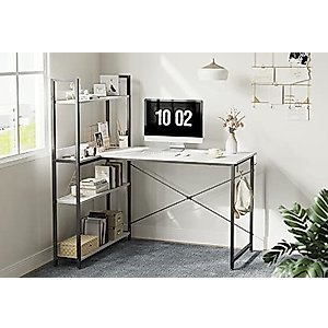CubiCubi Computer Corner Desk with Storage Shelves, 47 Inch Small L Shaped Computer Desk, Home Office Writing Desk with 2 Hooks, White