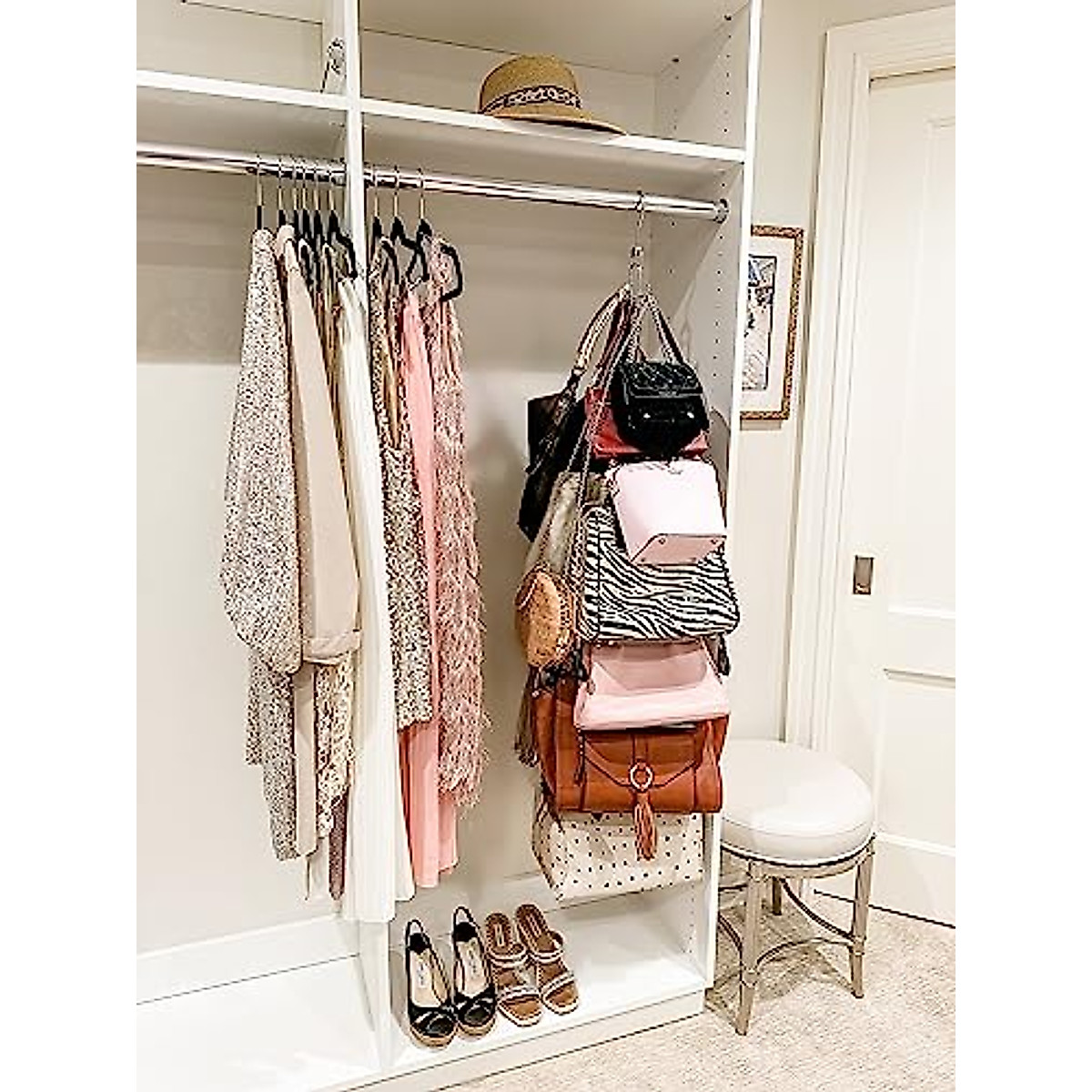 Luxury Purse Hanger Organizer for Over Door/Closet- Max Purse Storage, Handbag Holder Rotates 360, Heavy Duty Chrome Holds 50lbs; Purses, Handbags, Totes, Crossbody, Backpacks, Fanny, Belt Bags