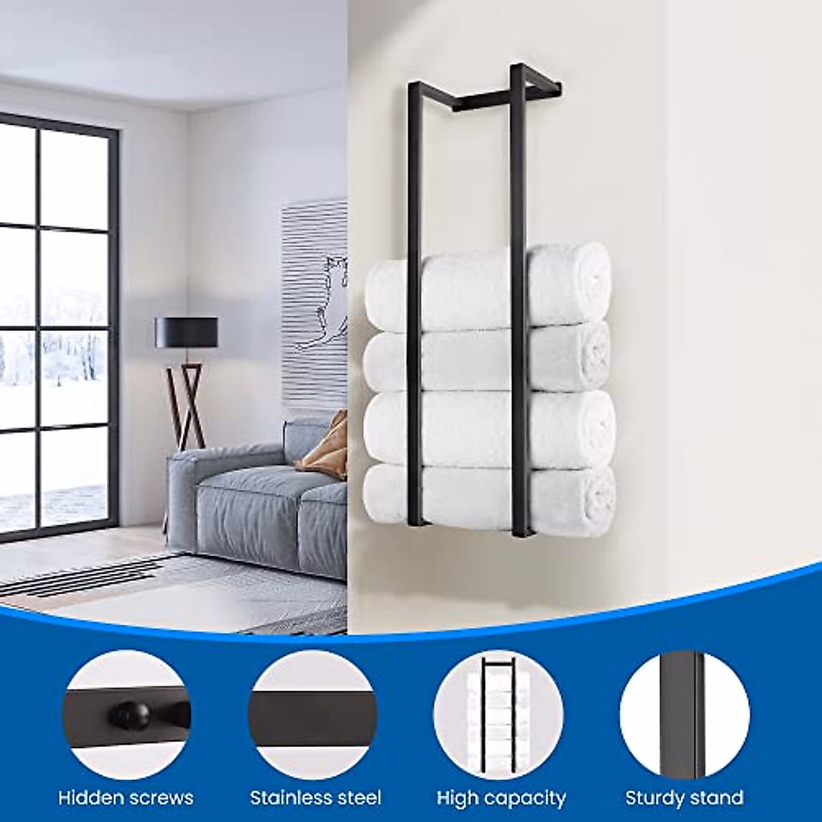 WOSOMOK Vertical Towel Racks for Bathroom Wall Mounted, 28.3 Inch SUS304 Stainless Steel Towel Storage Rack, Matte Black Hand Towel Holder for Small Bathroom Wall Maximum 6 Towels