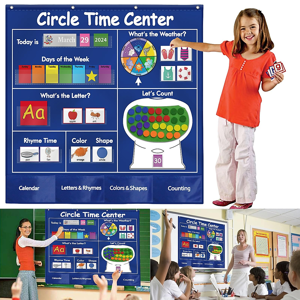 KIKIGOAL Circle Time Center Classroom Pocket Chart Educational Pocket Chart Teaching Materials Learning Calendar Weather Counting Letter Color Shape etc