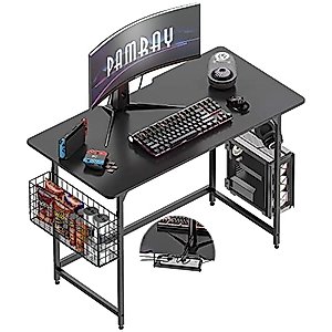Pamray 40'' Rounded Corner Home Office Desk with Thickened Bottom Crossbar and Cable Trough & Cable Management Simple Computer Desk for Work and Gaming, Black