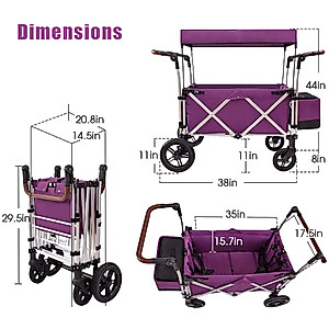 Unichart Push Wagon Stroller 2 Passenger Flodable Baby Stroller with Adjustable Handle Bars, Rain Cover, Carrying Bags & Basket, Double Seats with 5-Point Harness(Large, Purple)