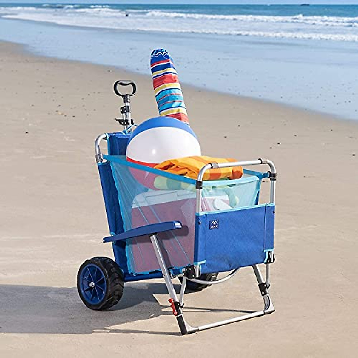 2-in-1 Beach Day Folding Lounge Chair & Cargo Cart Blue - Sunbathing Sun Chair with Lock Tanning Chair, Portable, Lightweight, Lounger for Patio Collapsible with All-Terrain Wheels