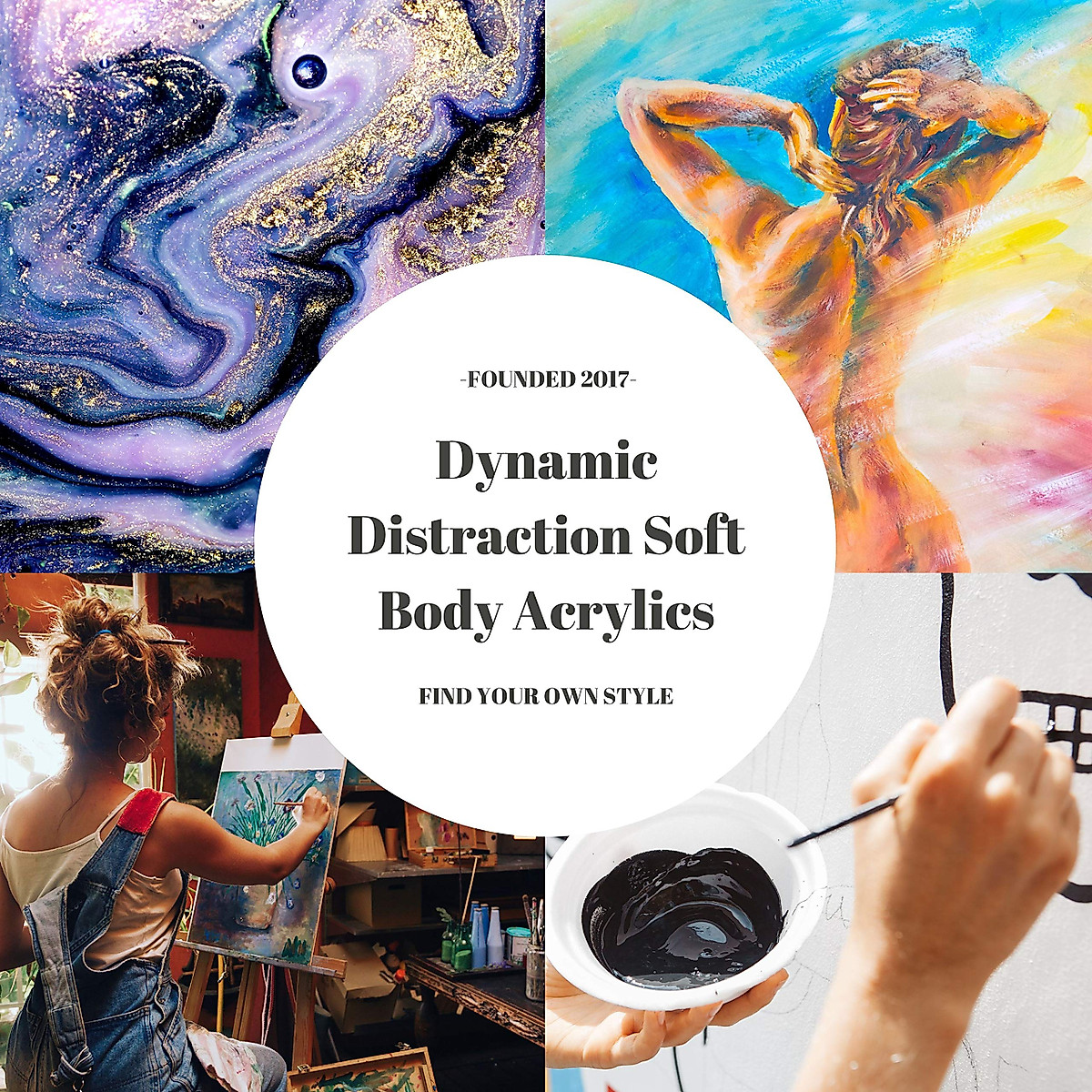 Acrylic Paint Set by Dynamic Distraction - Set of 24 Premium Vibrant Colors - (22 ml, .74 oz.) - Non Toxic Pigment Paints for Canvas, Pouring, Fabric, Wood, Crafts & More! For Artists: Adults & Kids