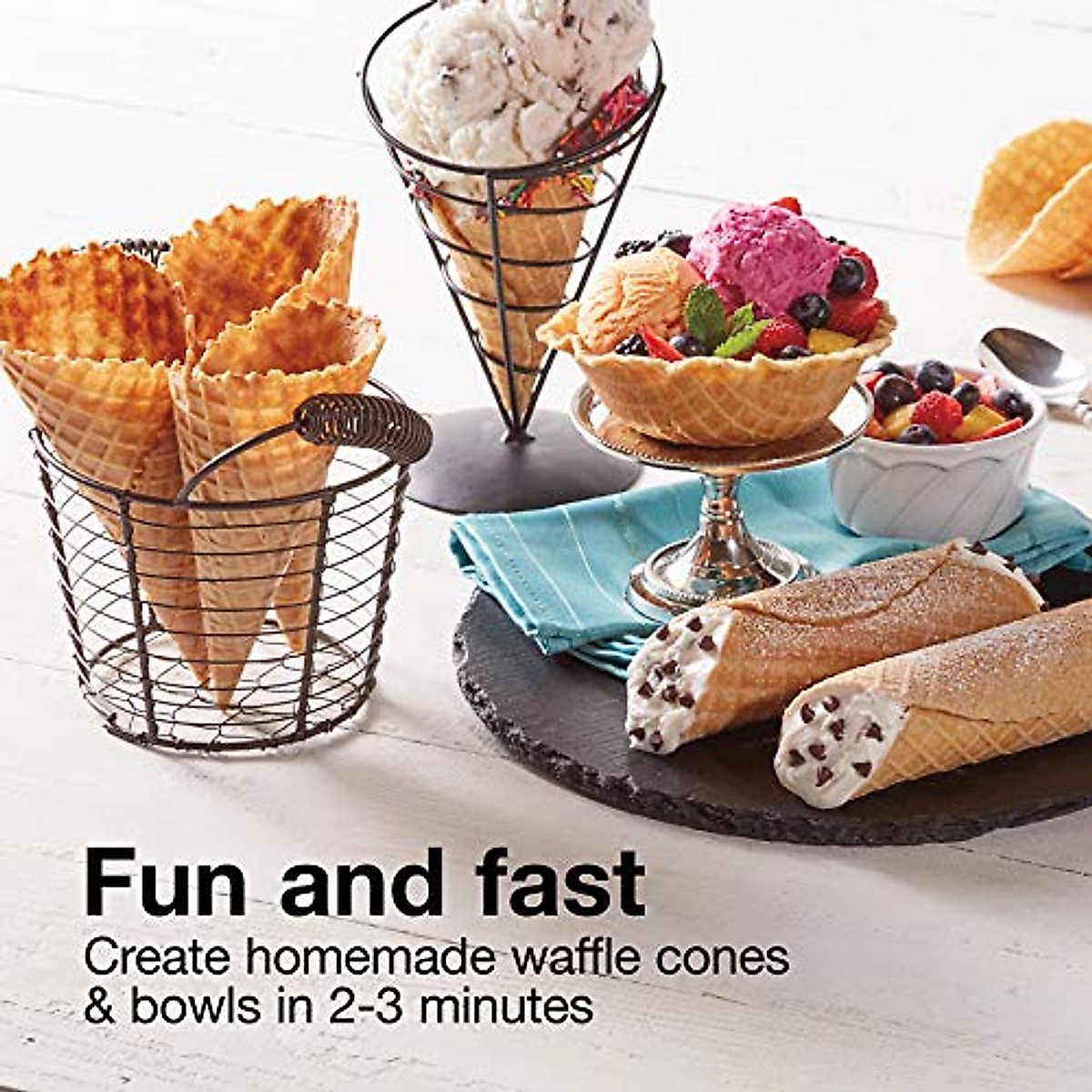 Proctor Silex Waffle Cone and Ice Cream Bowl Maker with Browning Control, Shaper Roller and Cup Press, 7.5” Nonstick Plates, White (26410)